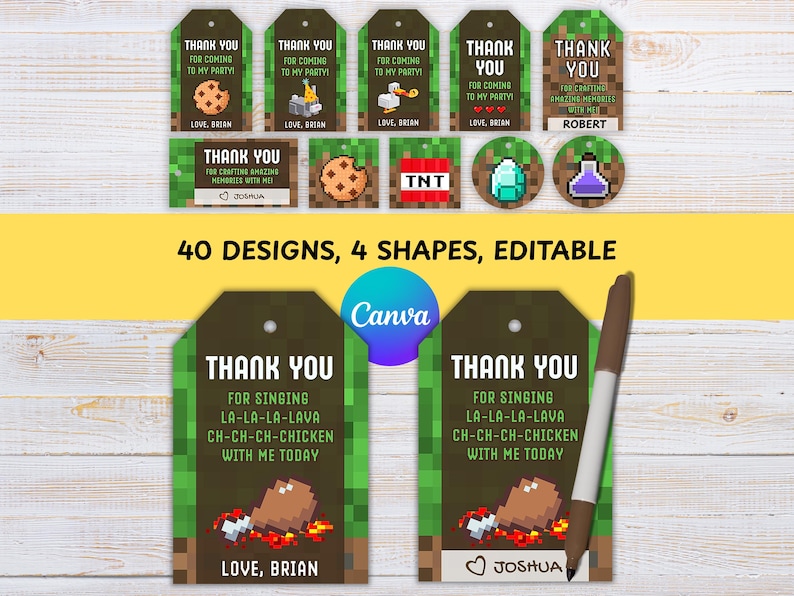 Mine Gaming Thank You Cards Party Bundle, Printable Editable Canva ...