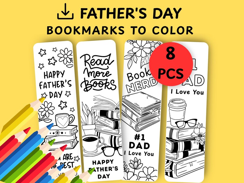 Fathers Day Coloring Bookmarks Pack of 8, Father's Day Bookmark ...