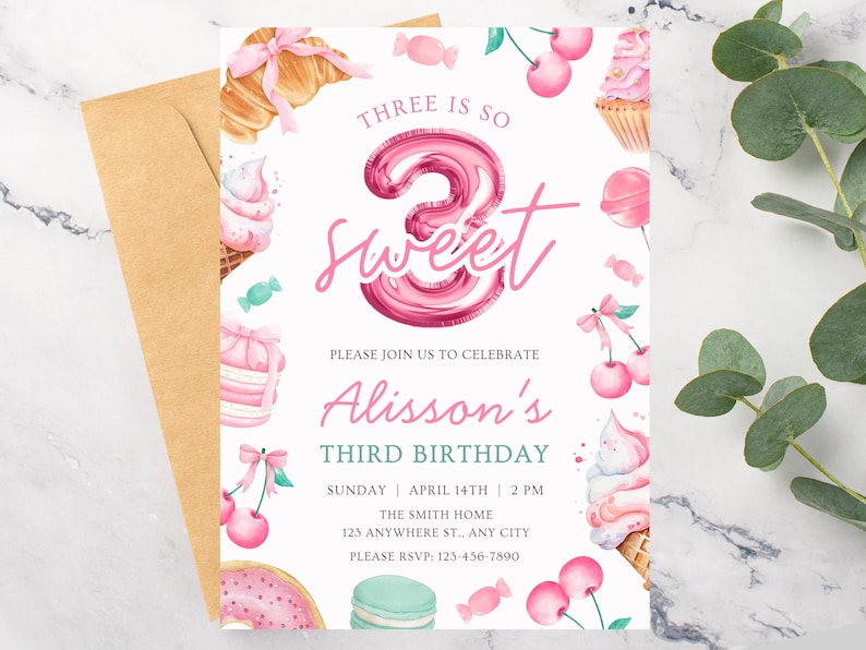 Sweet Three Pink Birthday Invitation, Personalized Girl's 3rd Party ...
