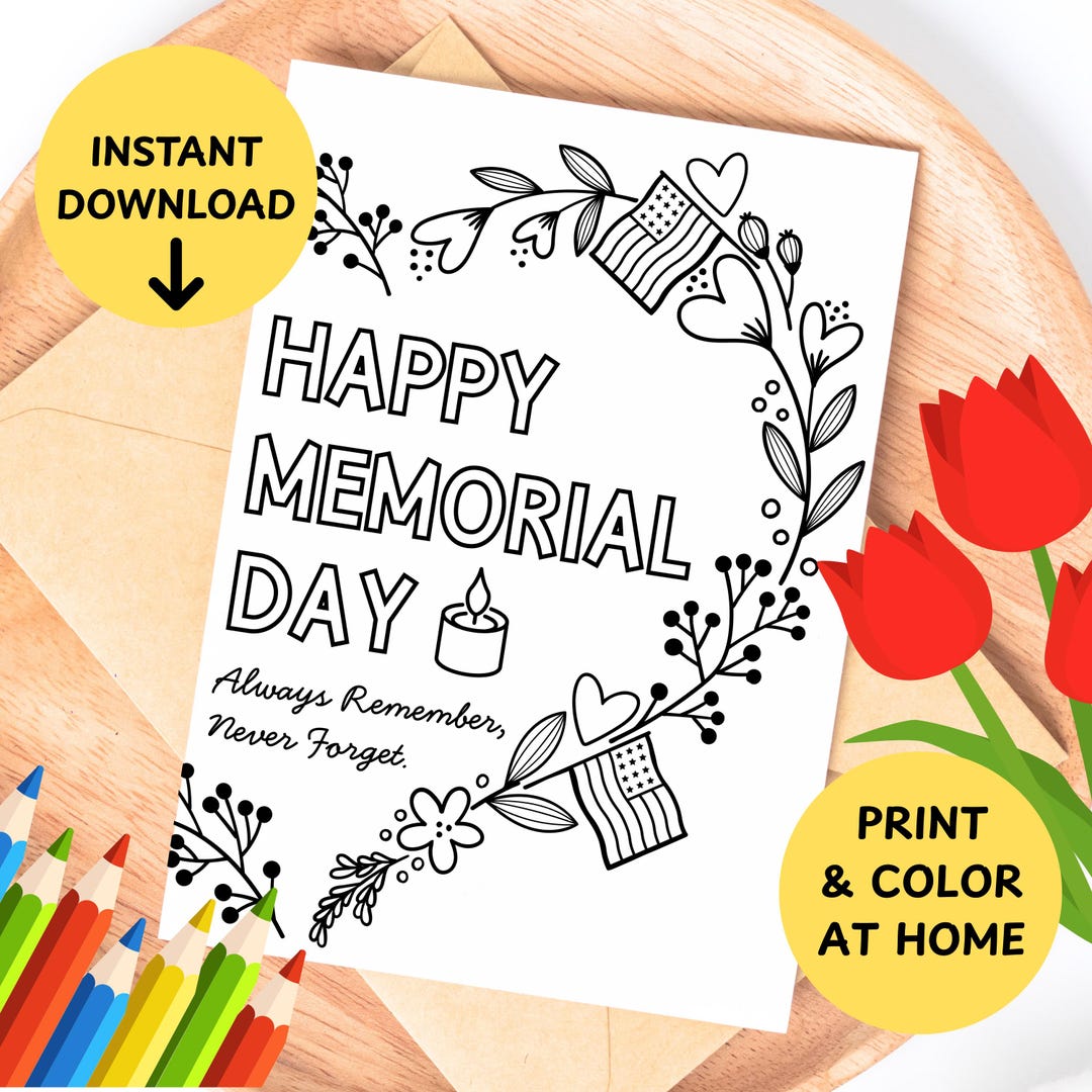 Kids Memorial Day Coloring Card to Print, Greeting Card to Color ...