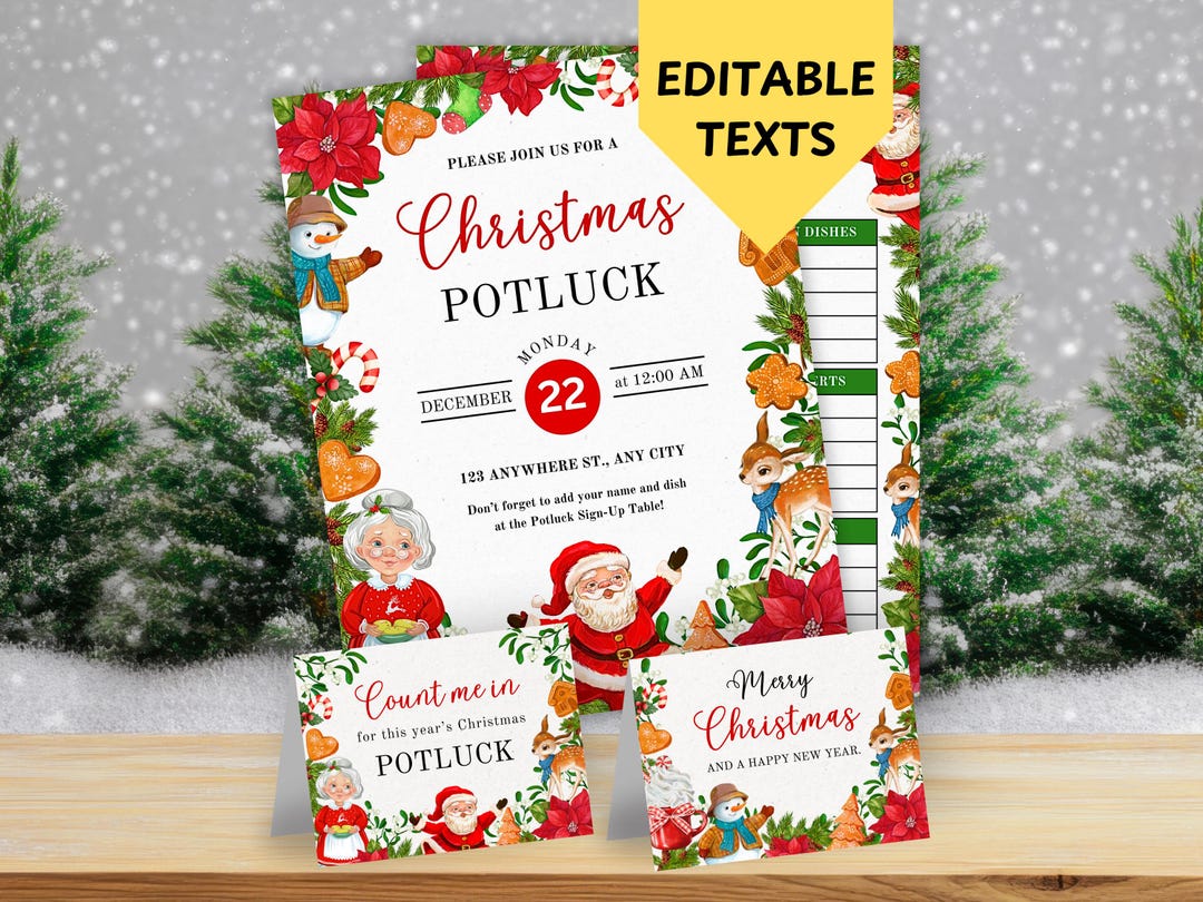 Christmas Potluck Sign up With Santa, Flyer Invitation, Table Cards ...