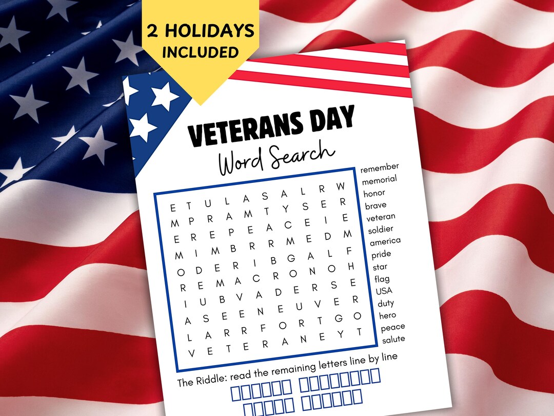 Veterans Day & Memorial Day Word Search, Riddle Activity (printable PDF ...