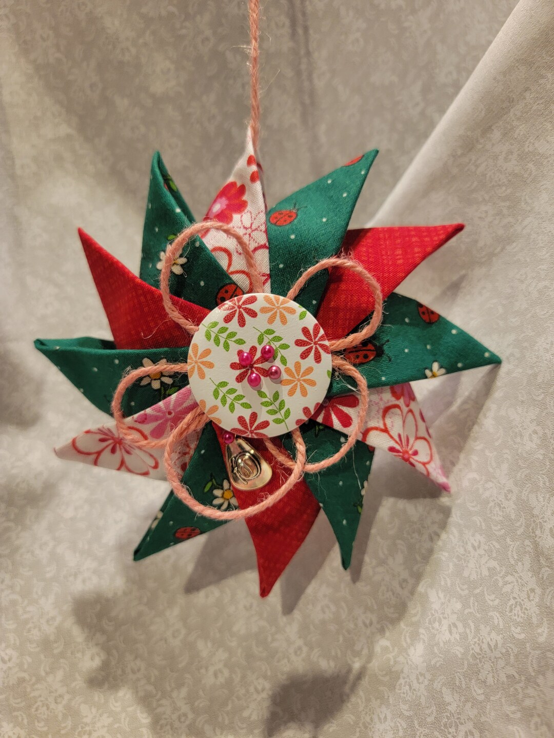 Red, Green, and Pink Floral Pinwheel Ornament (PW20) - Etsy