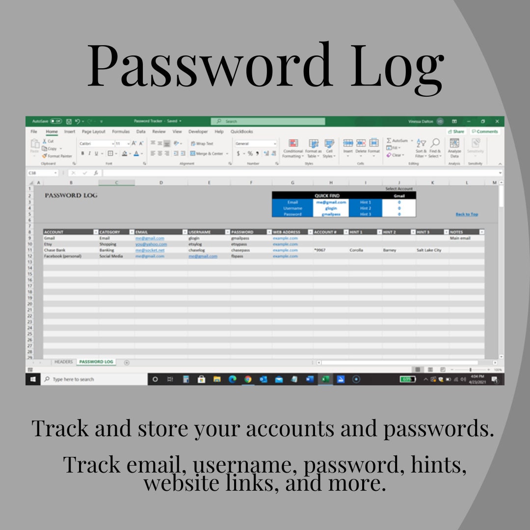 Password Tracker - Excel Template - Google Sheets - Instant Download - Etsy