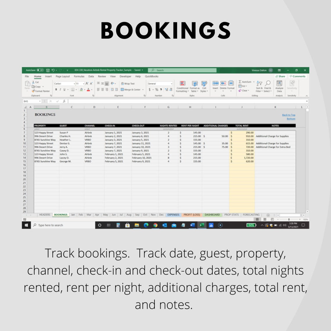 Vacation Airbnb Rental Property Tracker Excel Template Google Sheets ...