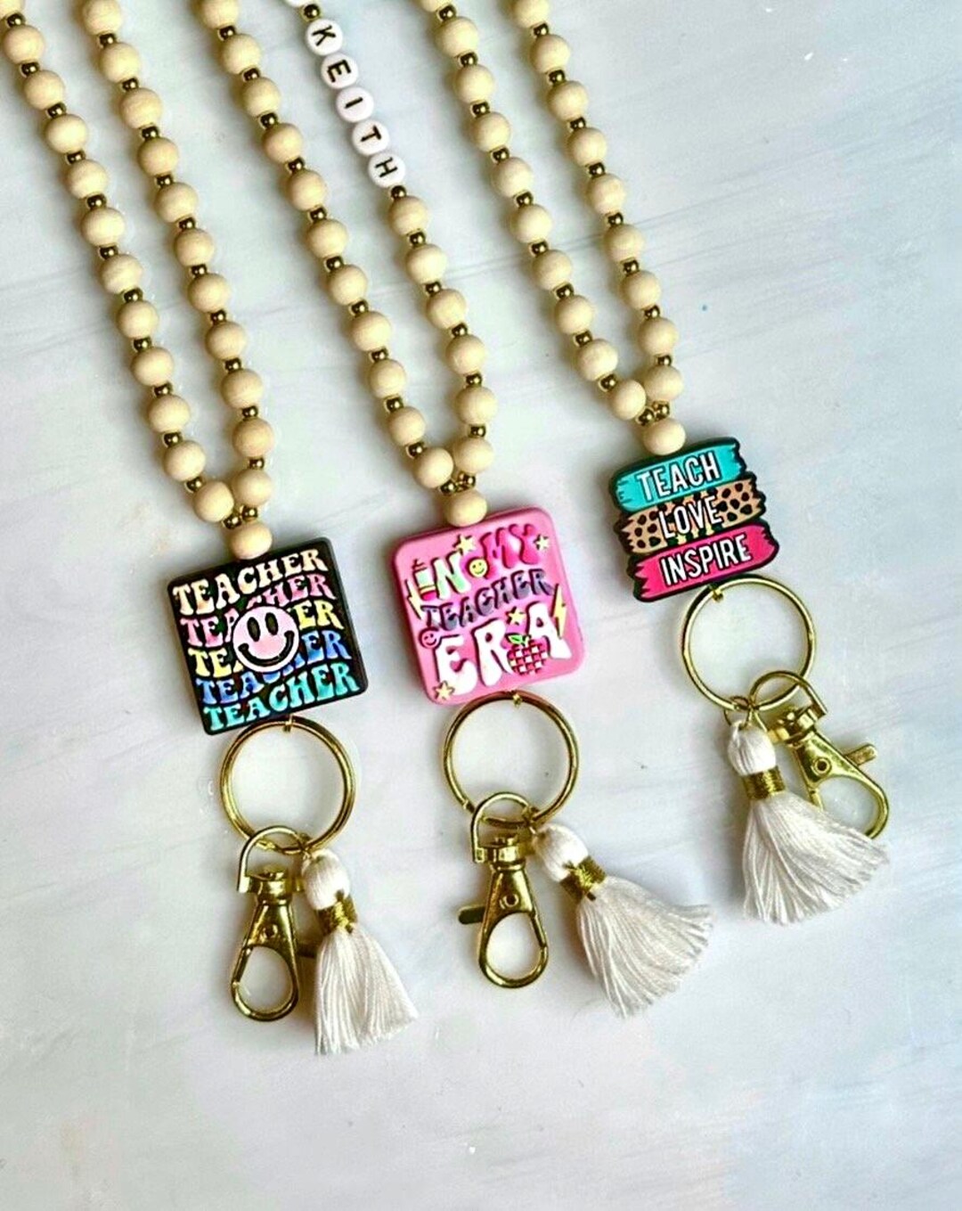 Beaded Teacher Lanyard - Wooden and Gold Personalizable Teacher Era ...