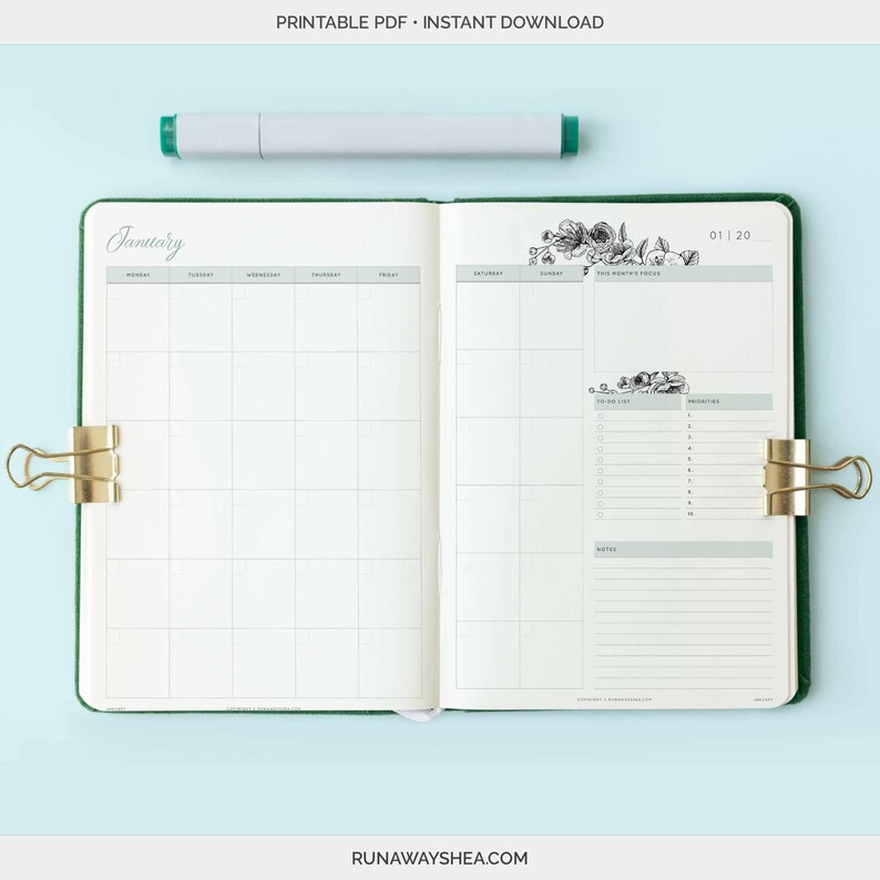 Monthly Calendar Spread Printable Undated Monthly 2 Page Planner Spread ...