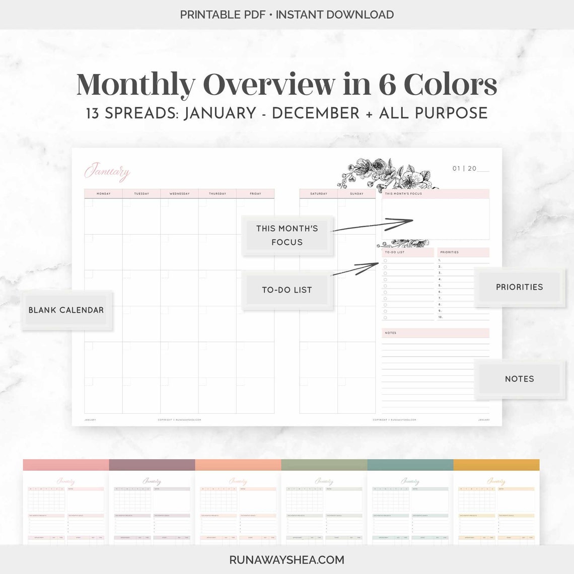 Monthly Calendar Spread Printable Undated Monthly 2 Page Planner Spread ...