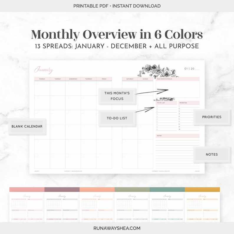 Monthly Calendar Spread Printable Undated Monthly 2 Page Planner Spread ...