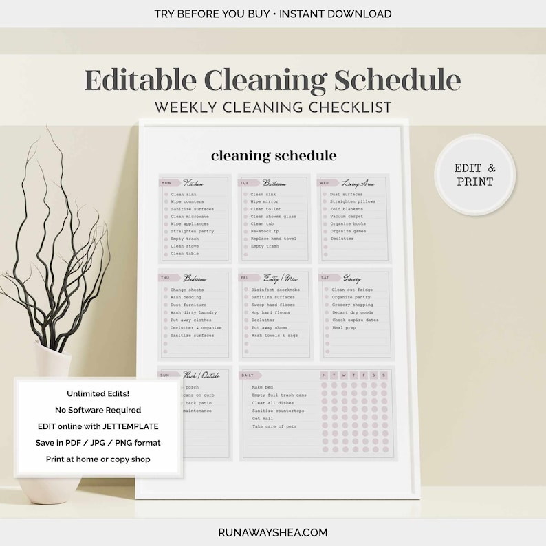 Editable Weekly Cleaning Schedule for Household Chores | Printable ...