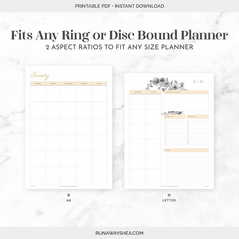 Monthly Calendar Spread Printable Undated Monthly 2 Page Planner Spread ...