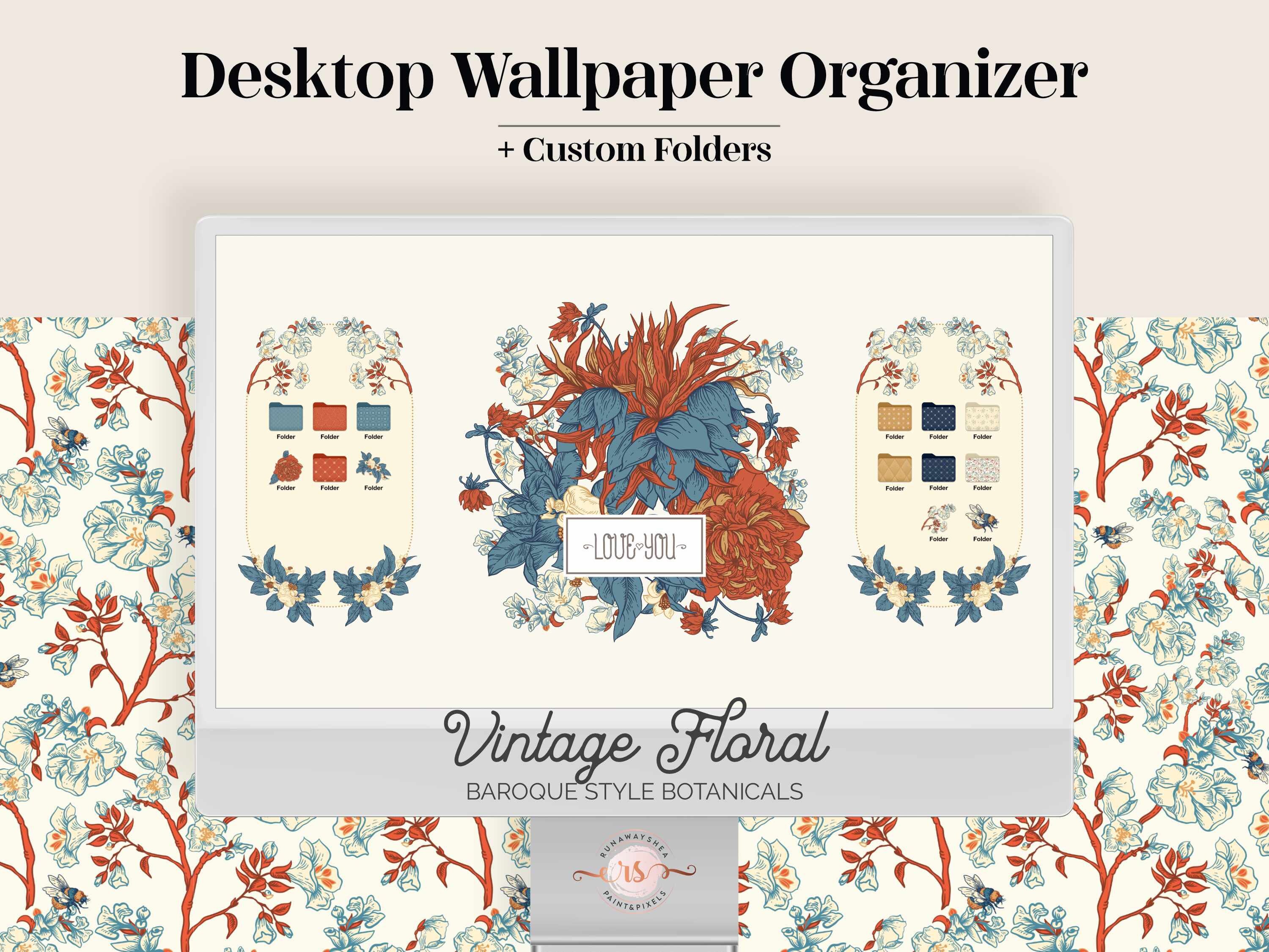 Vintage Flower Art Desktop Wallpaper Baroque Art Illustrated Floral ...