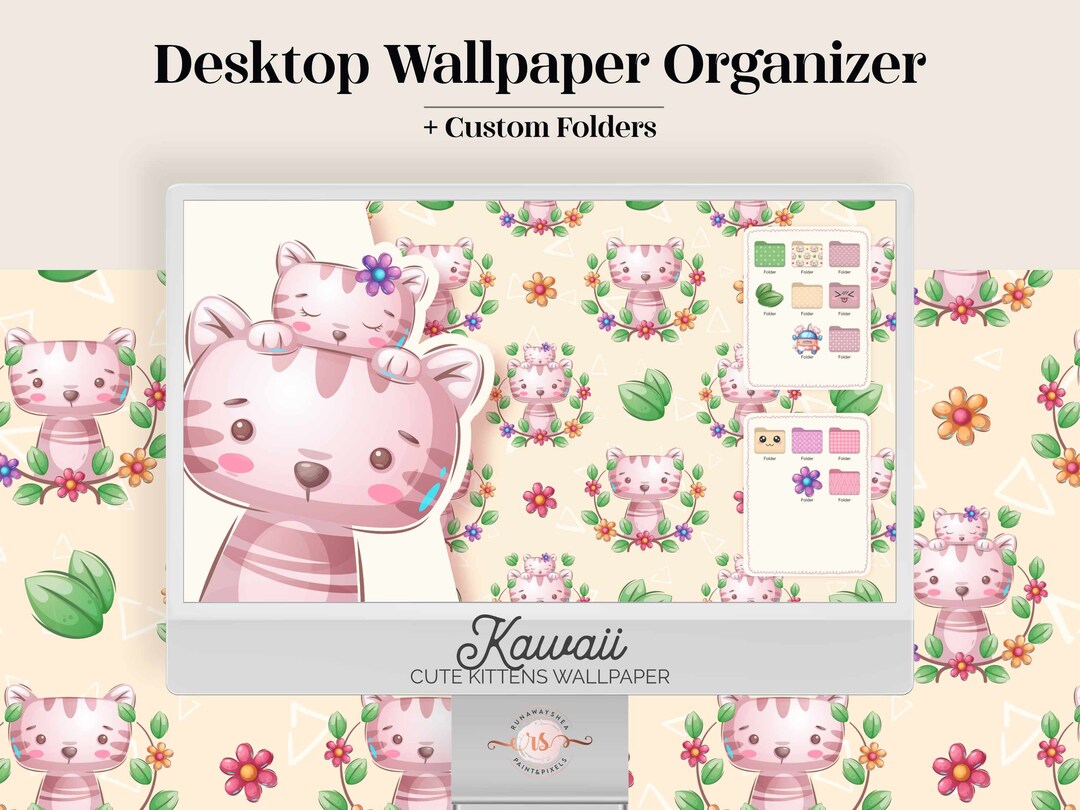 Desktop Organizer Kawaii Kitten Wallpaper - Cute Illustrated Kitty Cats ...