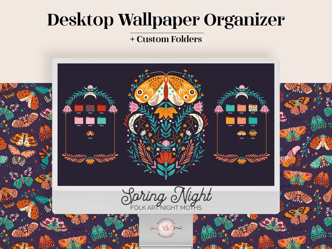 Desktop Wallpaper Organizer Vibrant Moth - Vintage Spring Folk Art Cute ...