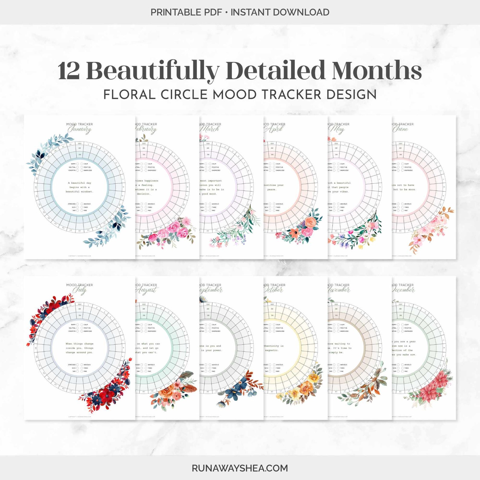 12-month Mood Tracker Printable | Wheel Mood Planner: 12 Floral Designs ...