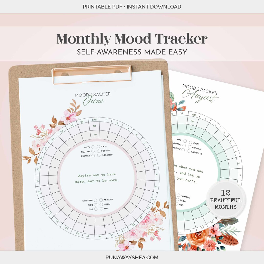 12-month Mood Tracker Printable | Wheel Mood Planner: 12 Floral Designs ...