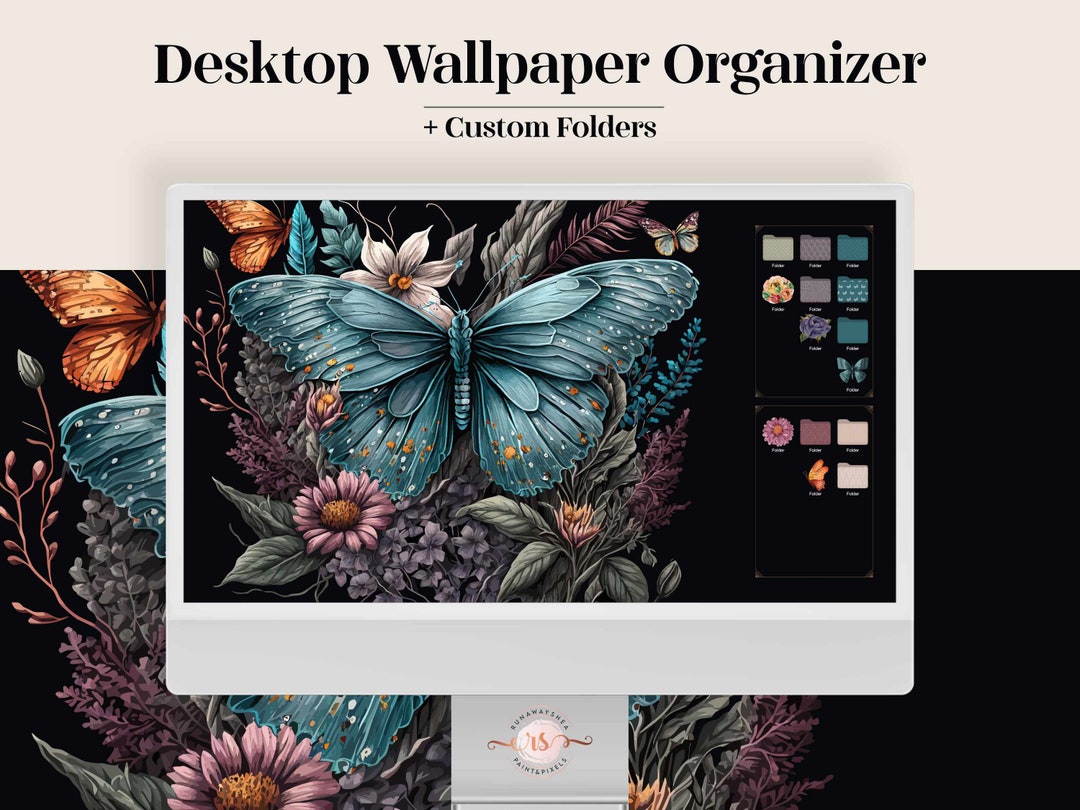 Desktop Organizer Blue Butterfly Wallpaper - Dark Illustrated Flower ...