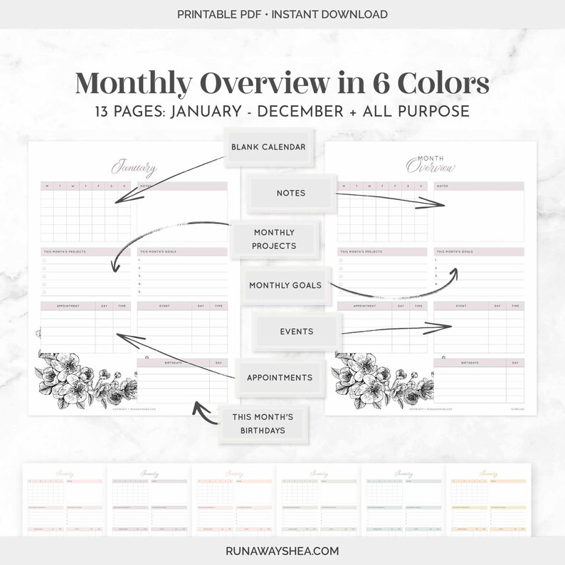 Monthly Overview Planner Printable 12 Month at a Glance - Etsy