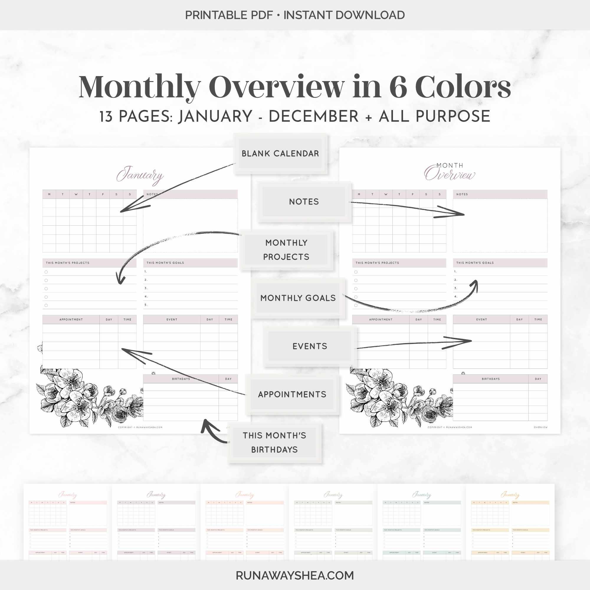 Monthly Overview Planner Printable 12 Month at a Glance - Etsy