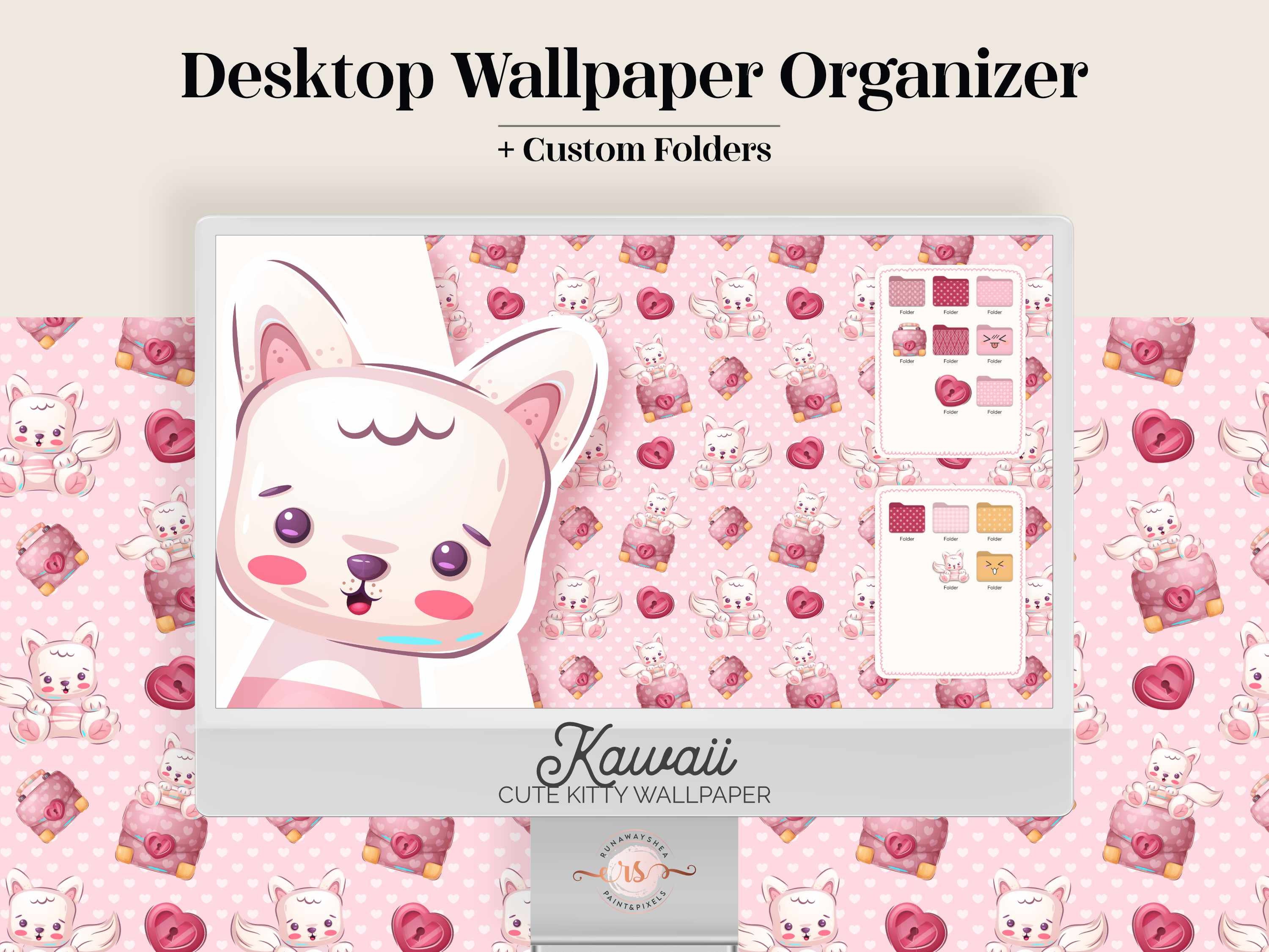 Cute Pink Kitten Desktop Wallpaper Organizer Illustrated Kitty Cats Art ...