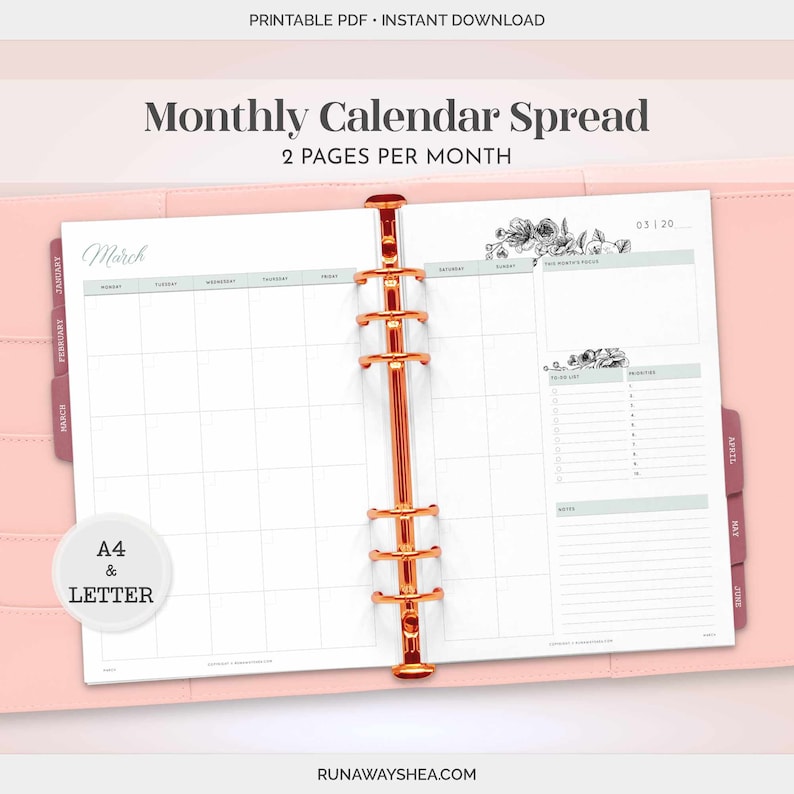 Monthly Calendar Spread Printable | Undated Monthly 2 Page Planner ...