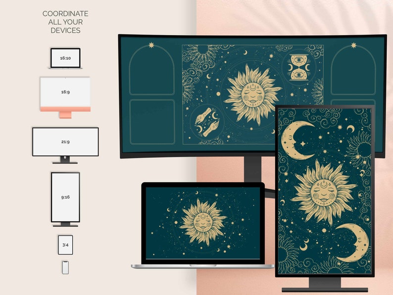 Celestial Desktop Wallpaper Organizer - Vintage Sun Moon Art Magical ...