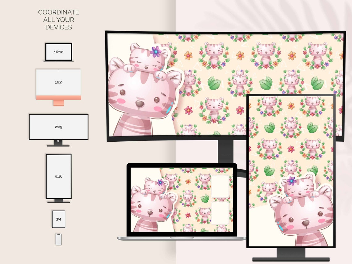 Desktop Organizer Kawaii Kitten Wallpaper Cute Illustrated Kitty Cats ...