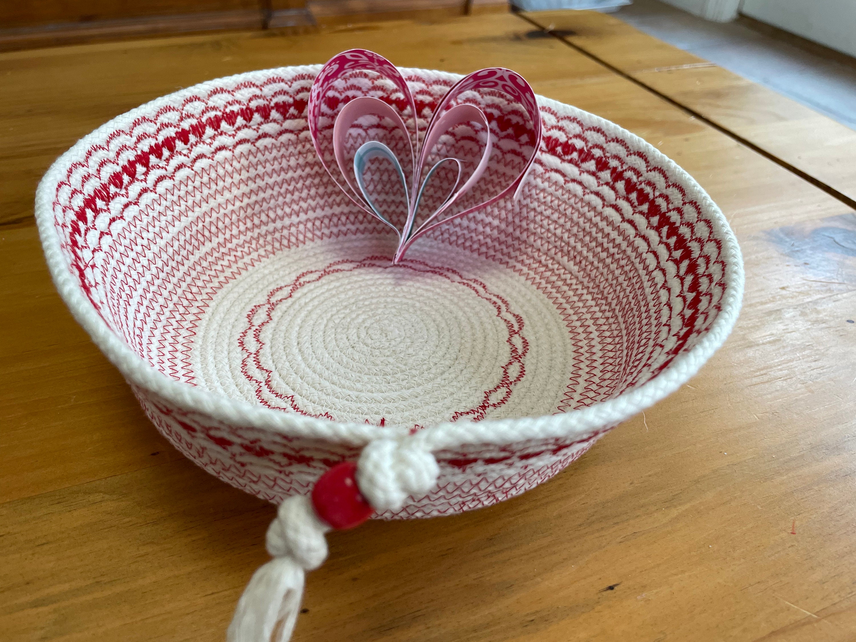 Coiled Rope Basket, Bowl, Red Heart Design, Wood Bead, Gift for Her ...