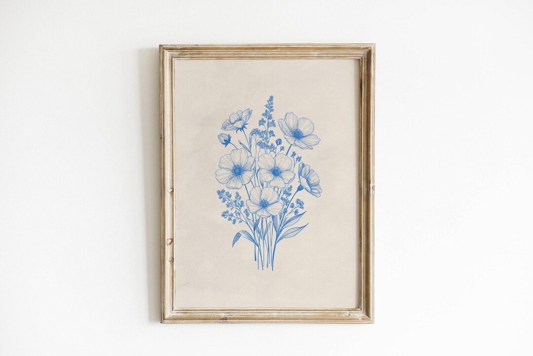 Blue Floral Bouquet Rolled Poster | Vintage Flower Drawing Print - Etsy
