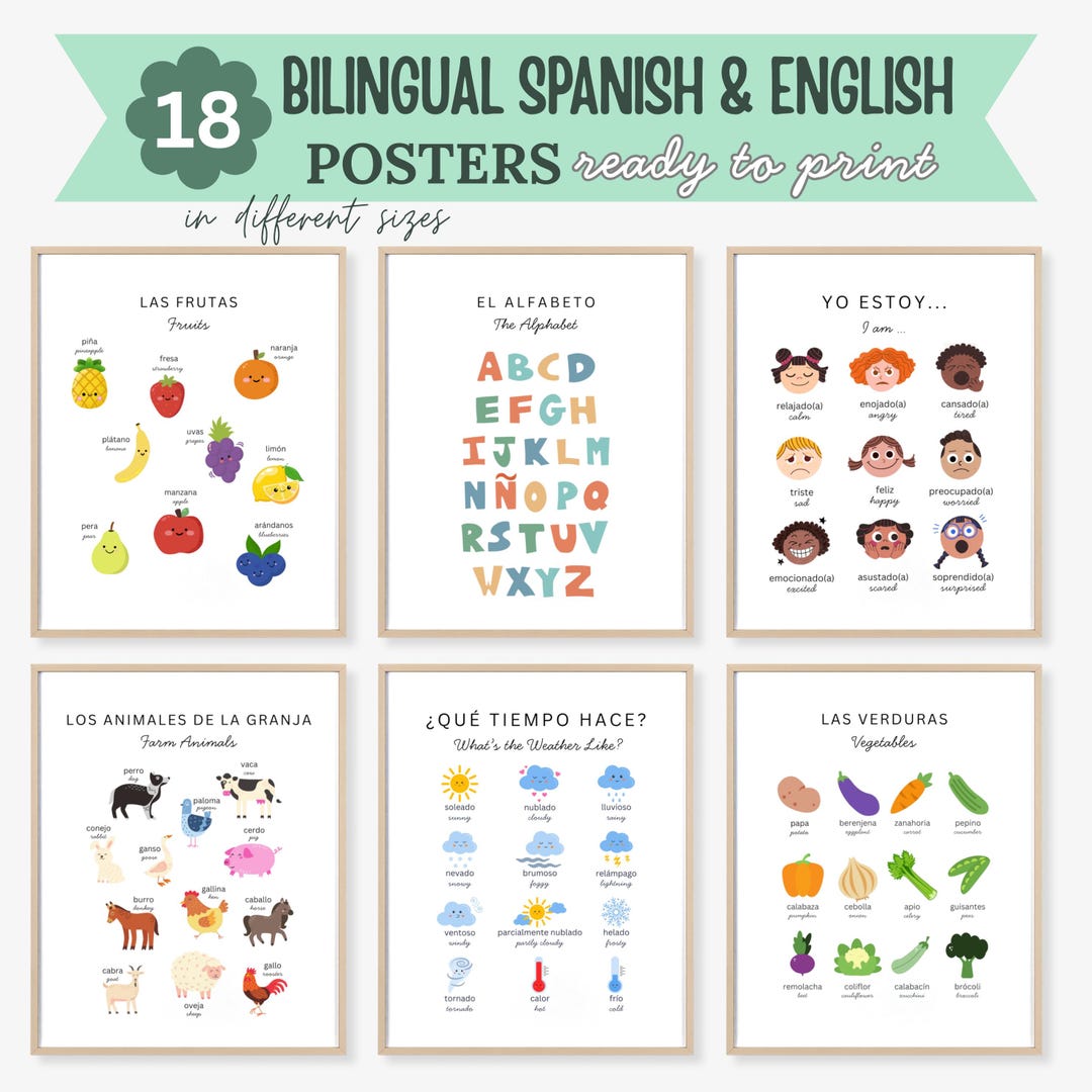 18 Bilingual Spanish English Posters, Montessori Nursery Decor, Spanish ...