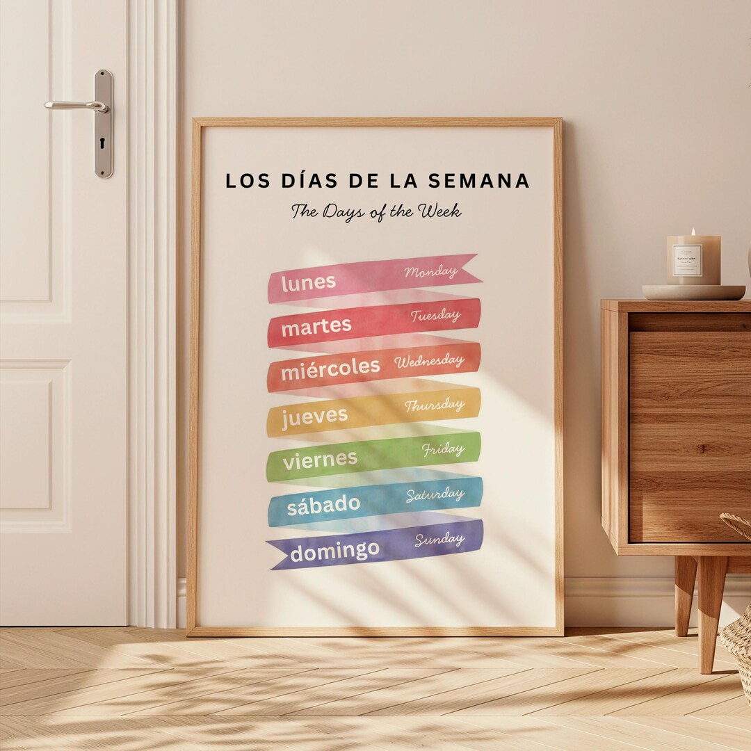 Spanish English Days of the Week Poster | Watercolor Ribbon Wall Art ...