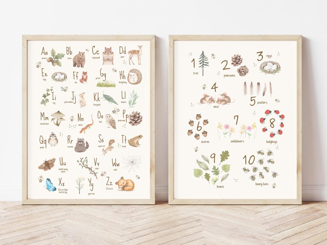 Woodland Alphabet & Numbers Poster Set of 2 | Watercolor Animal Nursery ...