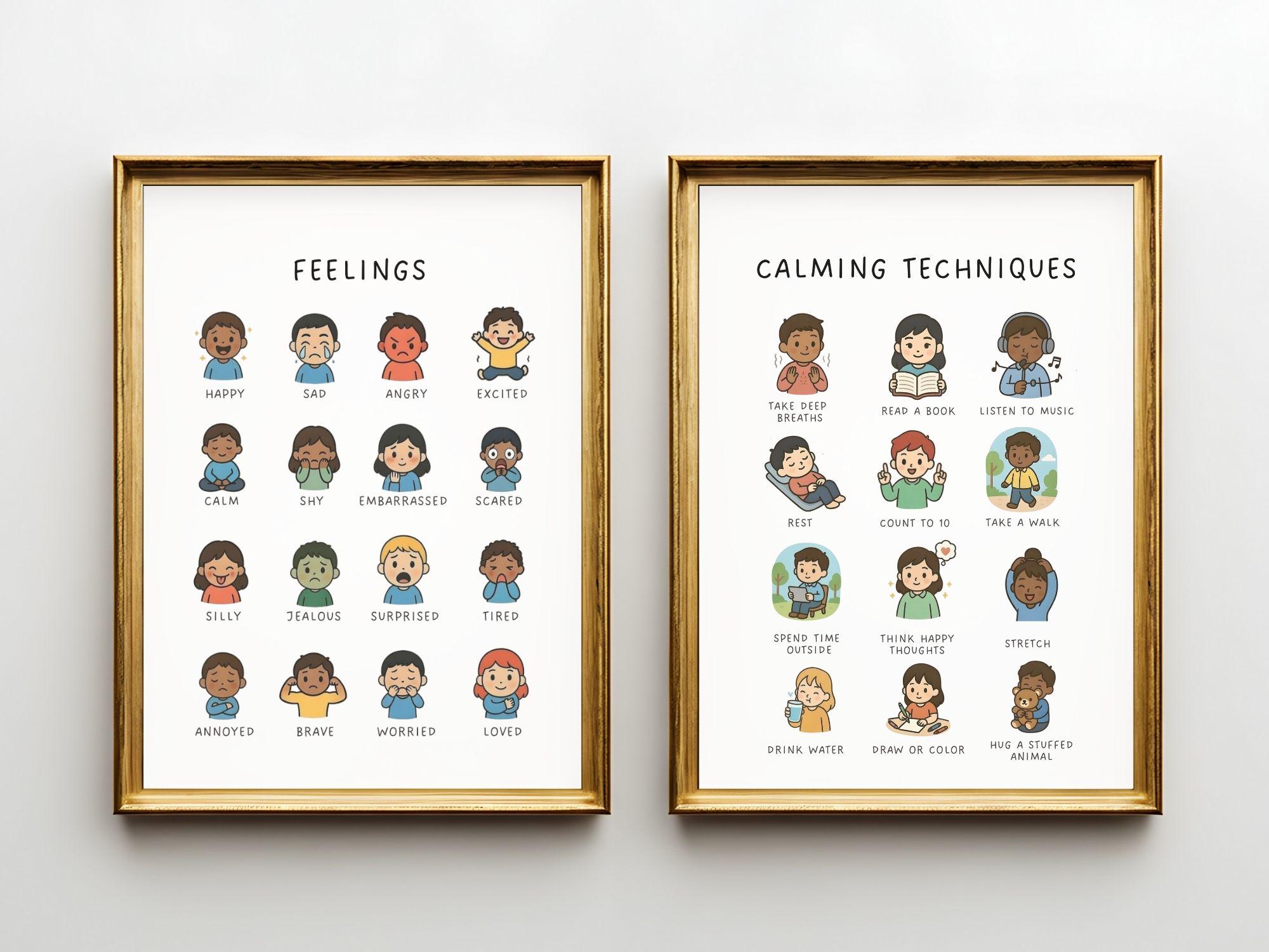 Feelings Chart & Calming Techniques Poster Set | Kids Emotional ...
