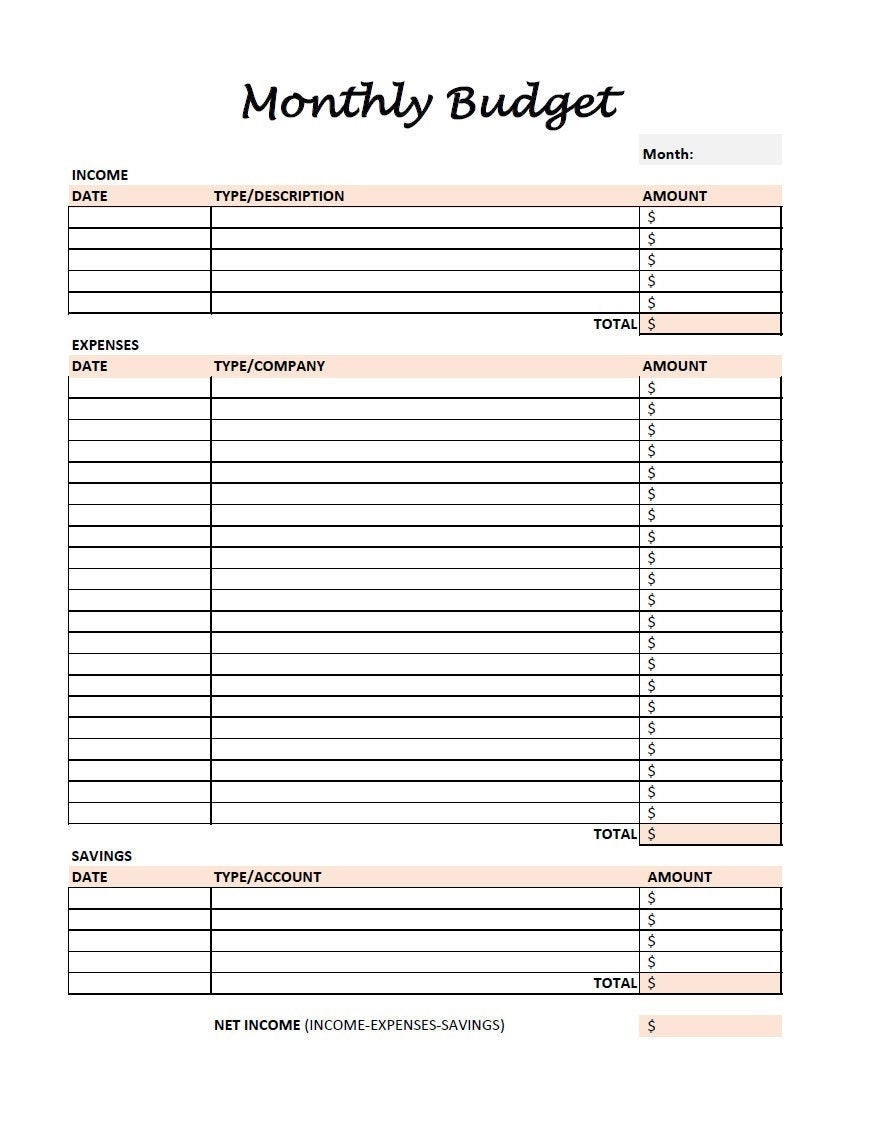 Printable Monthly Budget Template - Etsy