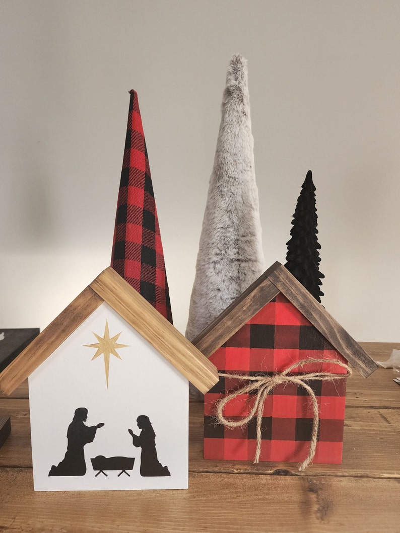 Christmas House Shaped Signs Manger Scene Red Buffalo Check Gray ...