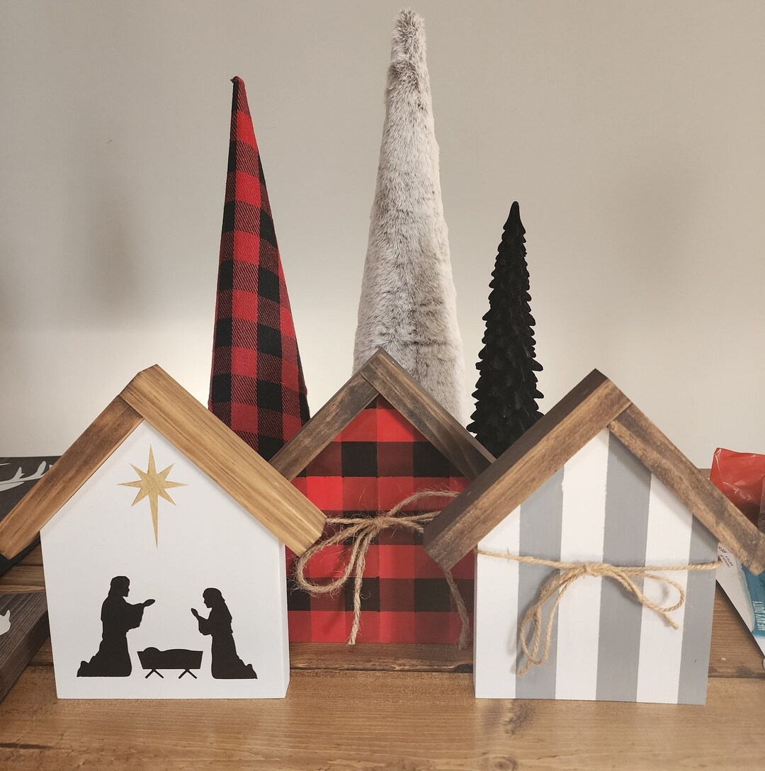 Christmas House Shaped Signs Manger Scene Red Buffalo Check Gray ...