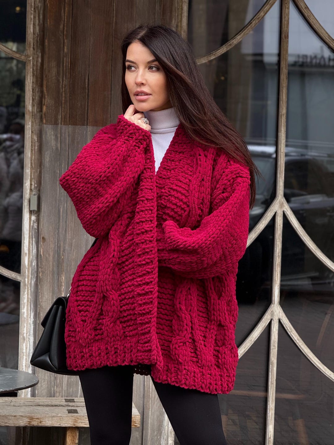 Red Crochet Cardigan, Burgundy Chunky Knit Cardigan, Cherry Cable Knit ...