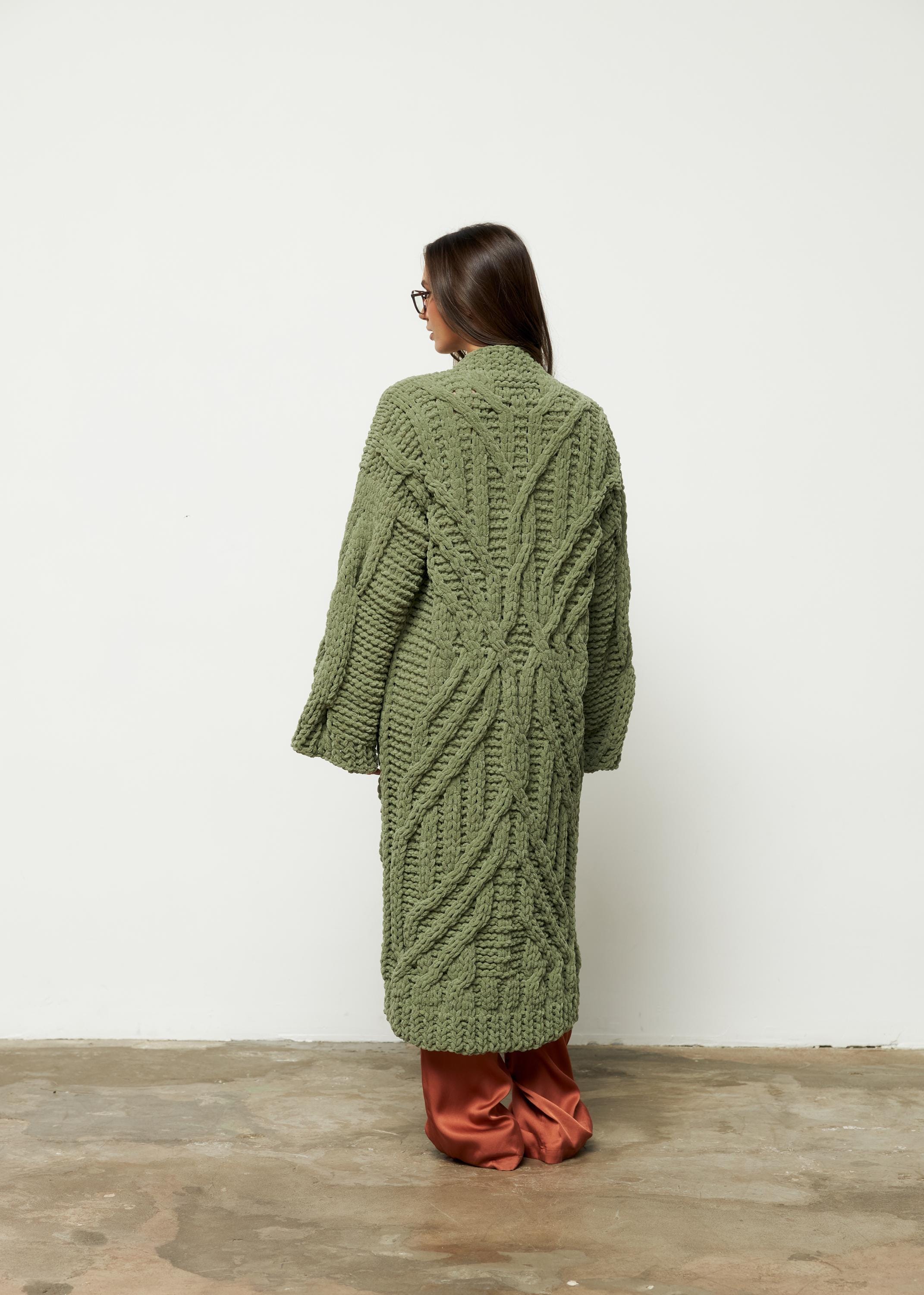 Open Chunky Knit Cardigan, Long Knit Kimono Green Duster Cardigan ...
