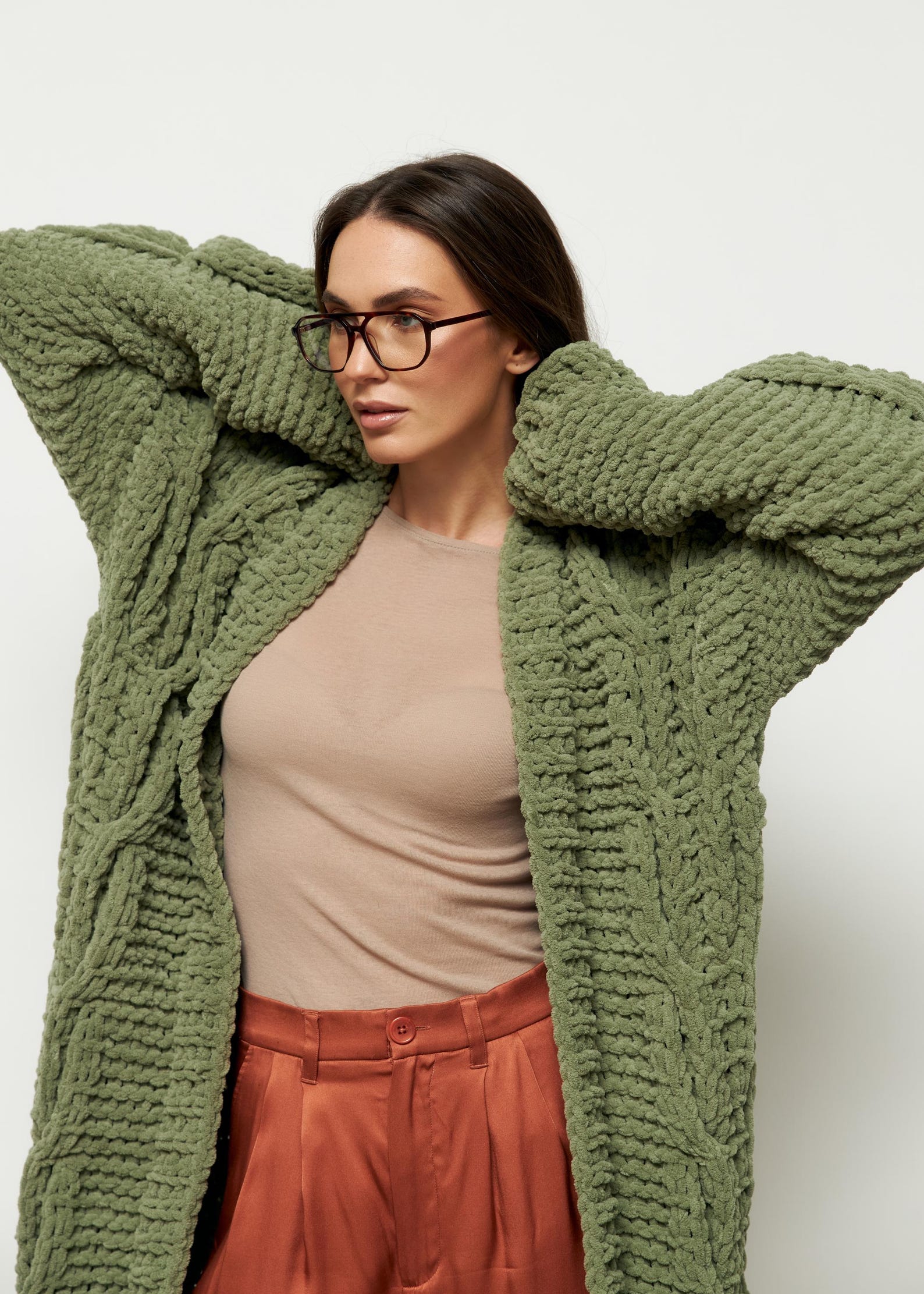 Open Chunky Knit Cardigan, Long Knit Kimono Green Duster Cardigan ...