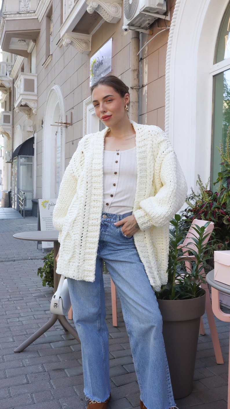 Ivory Chunky Knit Crochet Cardigan - Handmade Oversized Cardigan ...