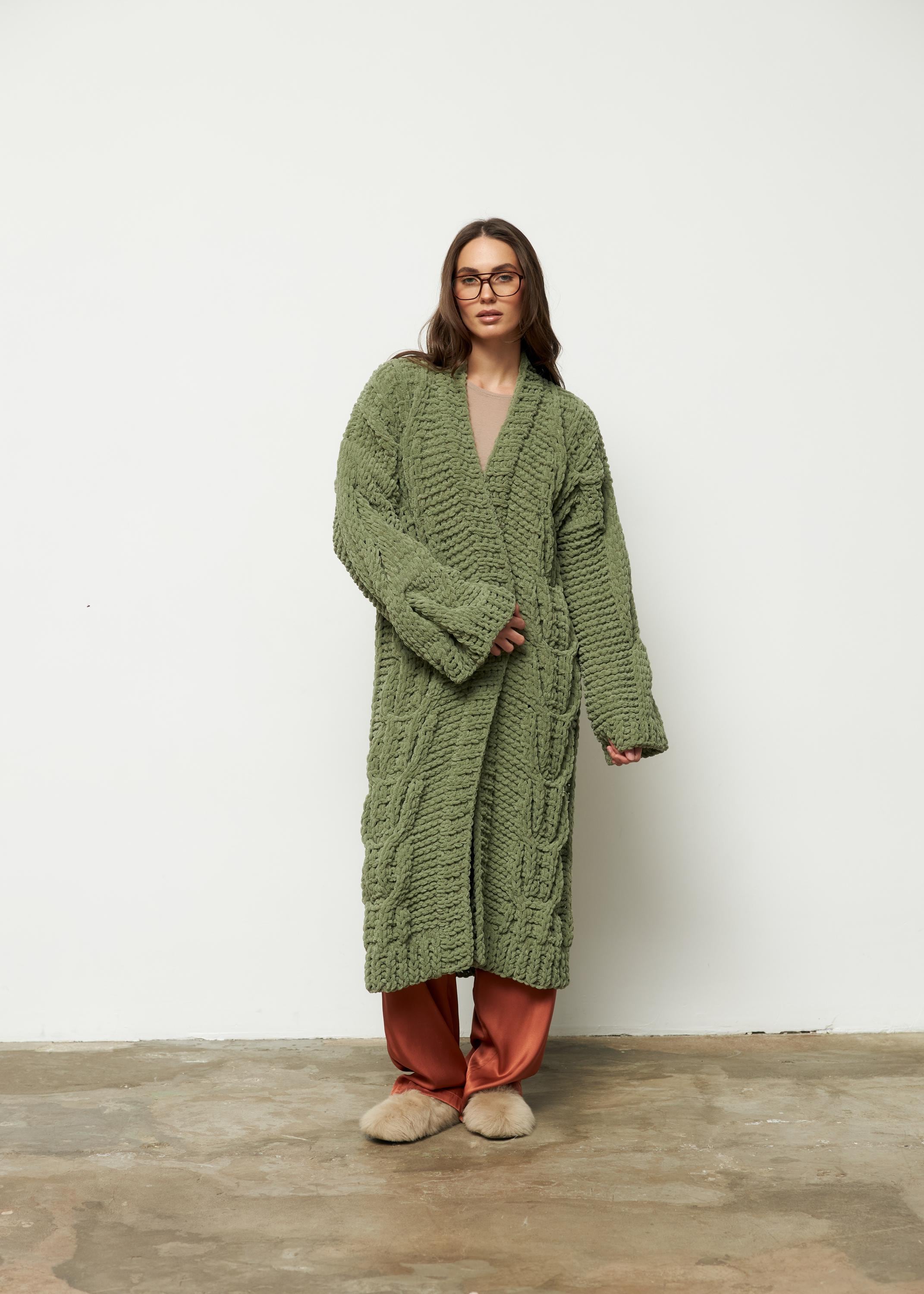 Open Chunky Knit Cardigan, Long Knit Kimono Green Duster Cardigan ...