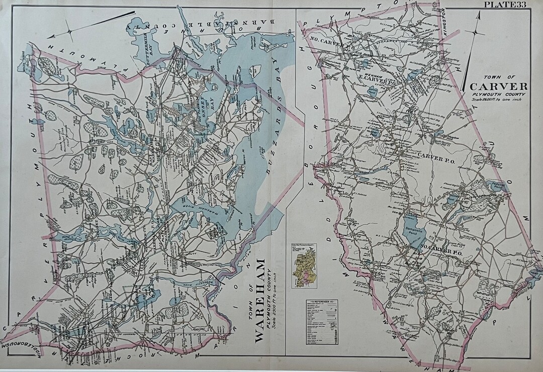 Original 1903 Wareham & Carver Map, Matted-ready to Frame,-not ...