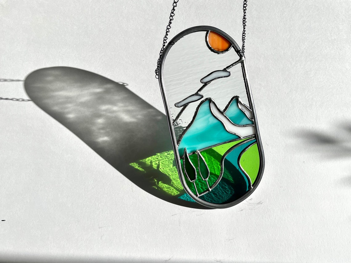Mountain Landscape Stained Glass Window Hanging Mountains and - Etsy