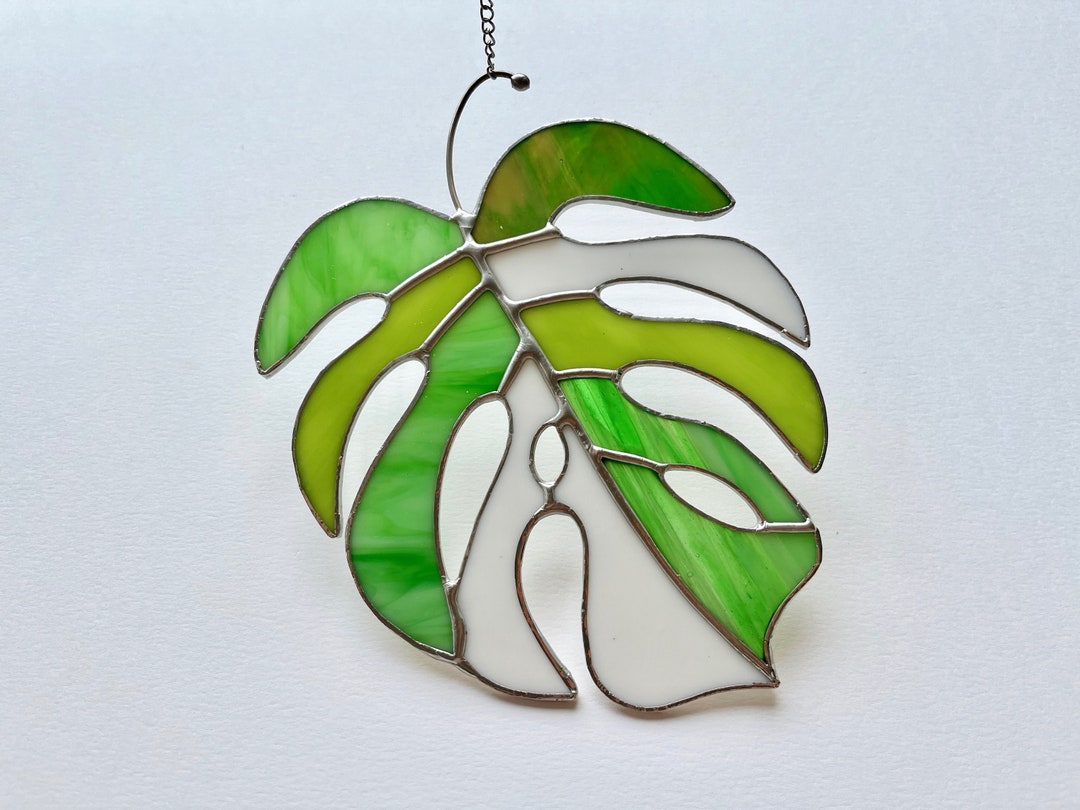 Monstera Leaf Stained Glass Window Hanging, Variegated Monstera Leaf ...
