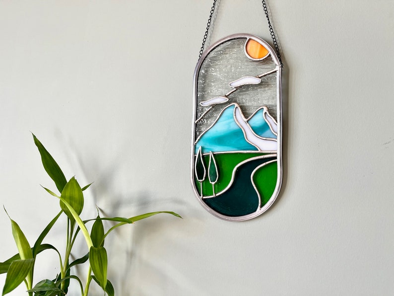 Mountain Landscape Stained Glass Window Hanging Mountains and - Etsy