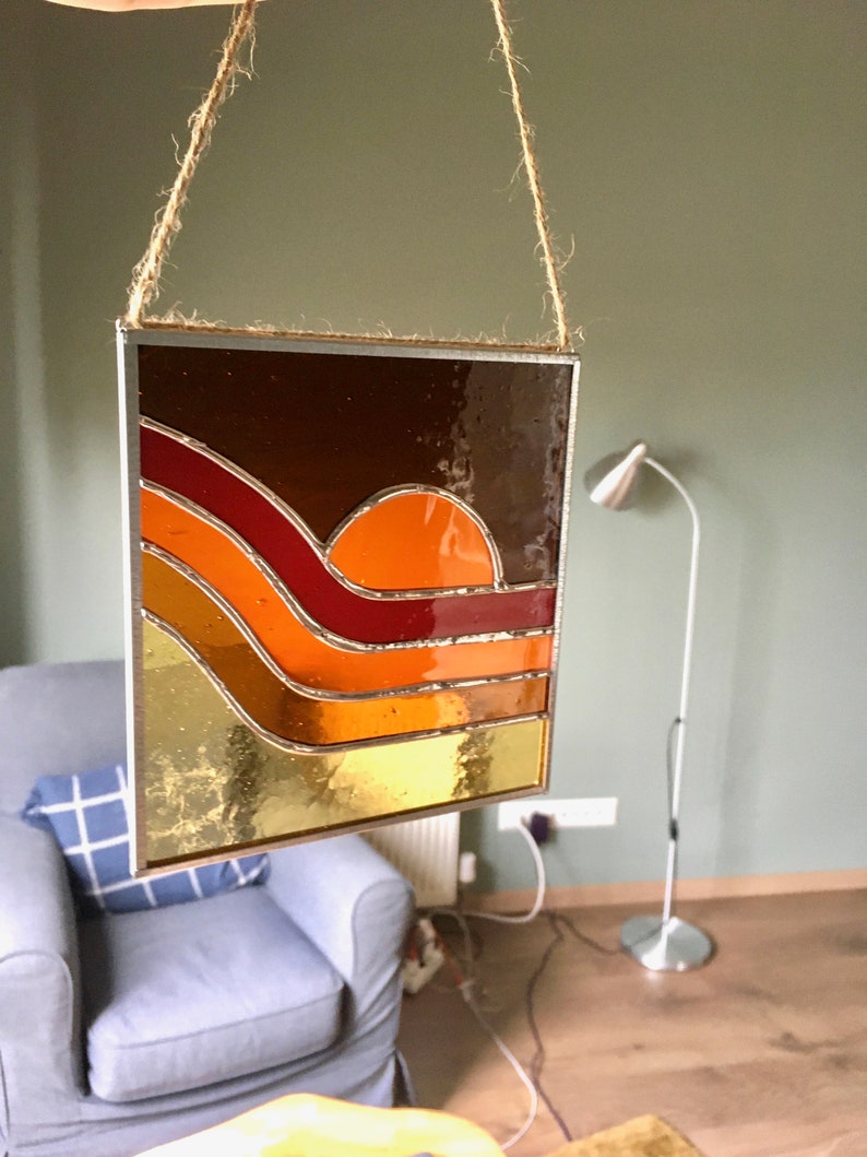 Sunset Stained Glass Panel Retro Window Hanging Minimal | Etsy