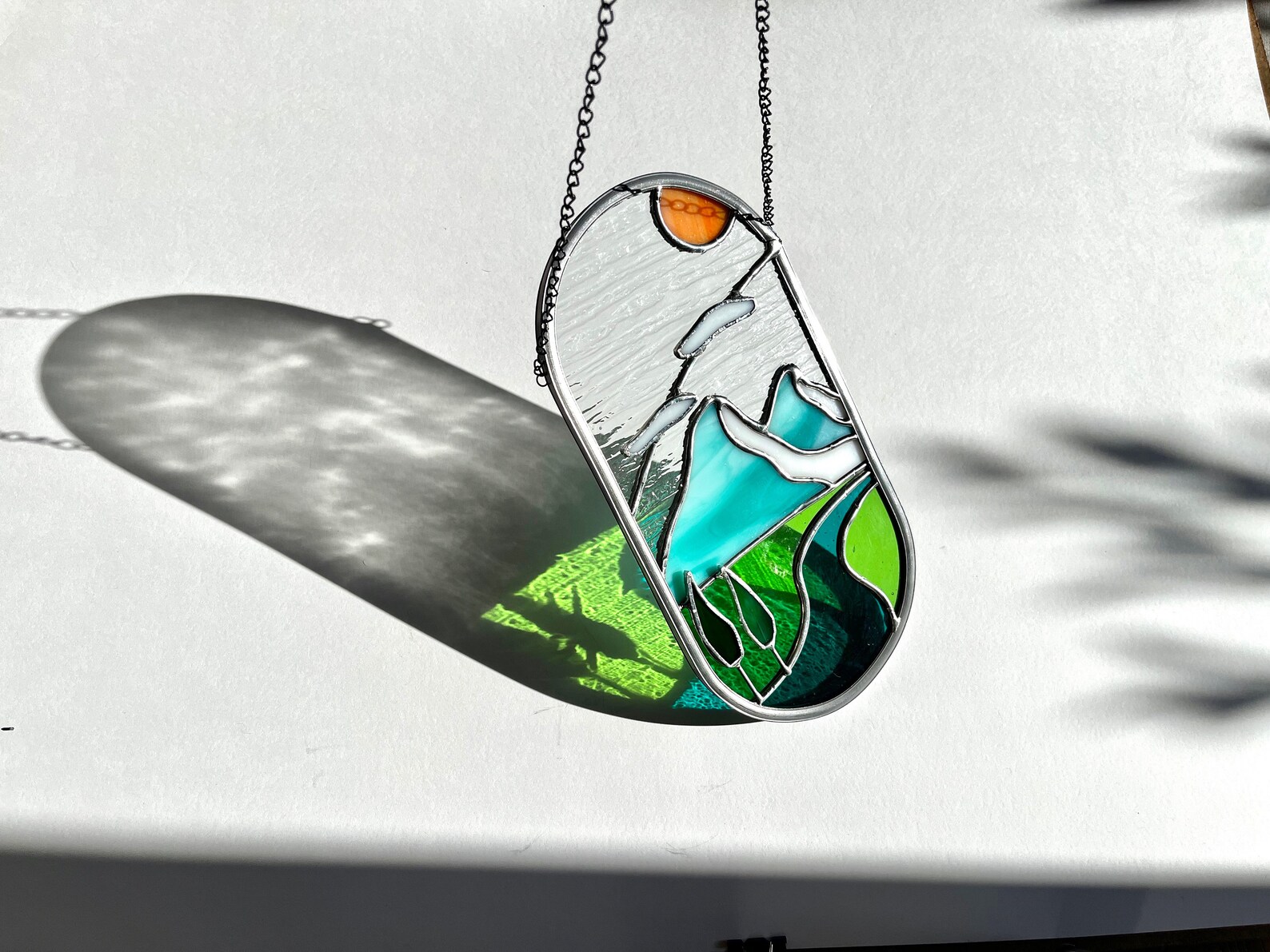 Mountain Landscape Stained Glass Window Hanging Mountains and - Etsy