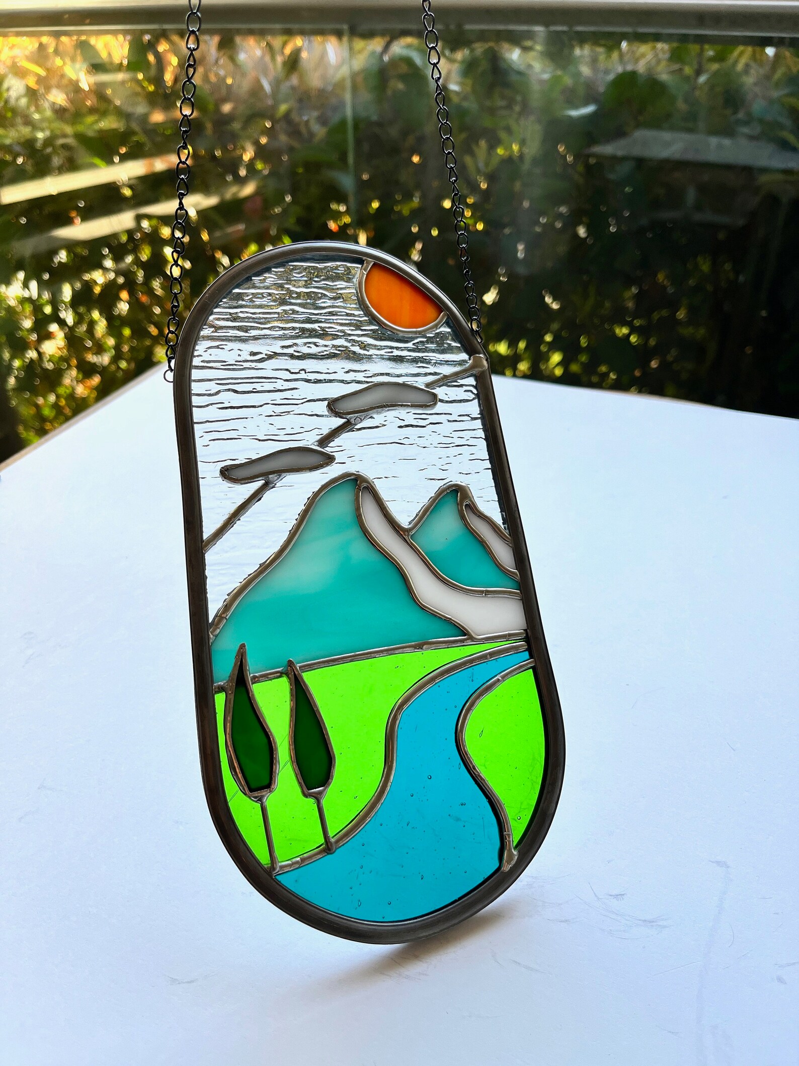 Mountain Landscape Stained Glass Window Hanging Mountains and - Etsy