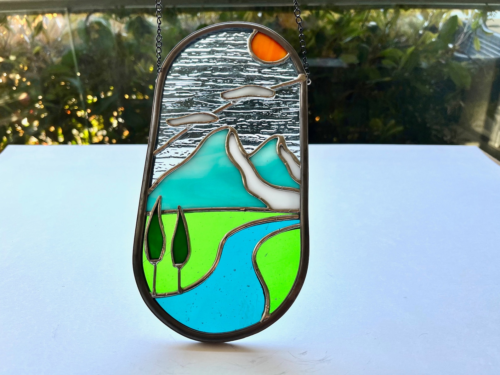 Mountain Landscape Stained Glass Window Hanging Mountains and - Etsy