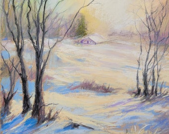 Original Pastel Painting Snow Woods Early Morning Winter - Etsy